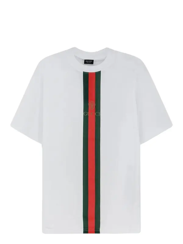 Gucci Cotton T-shirt With Web Ribbon And Crest Print - Bianco