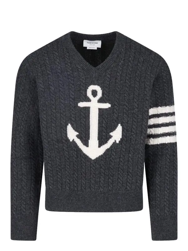 Thom Browne Anchor Intarsia V-neck Cable-knit Sweater - Grey