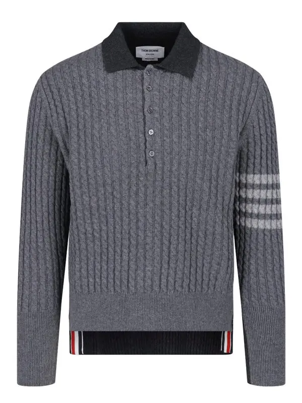 Thom Browne Cable-knit Long Sleeve Polo Sweater - Grey