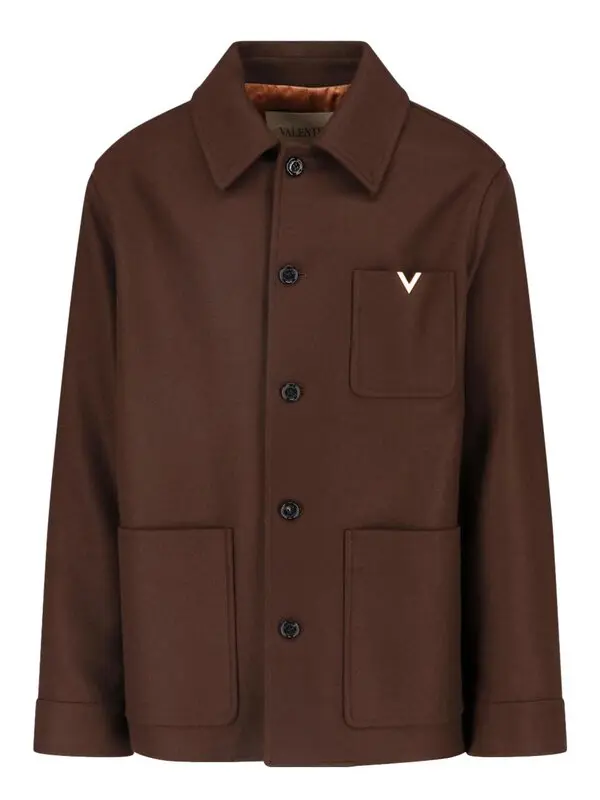 Valentino Garavani Wool Shirt Jacket With V Logo Detail - Brown