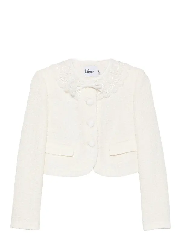 SELF-PORTRAIT Lace Collar Cropped Tweed Jacket - White