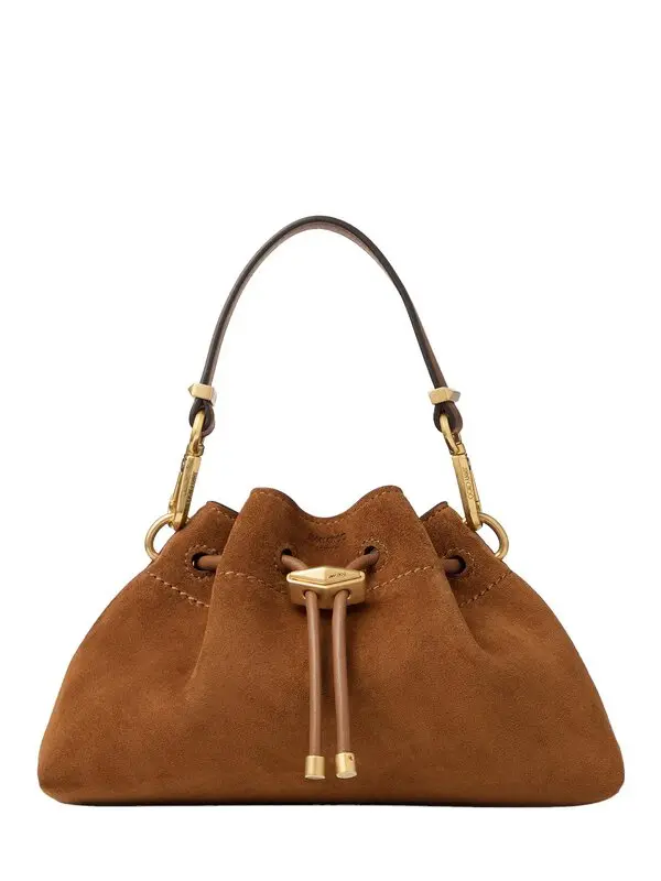 JIMMY CHOO Suede Shoulder Bag With Drawstring Closure - Tan/gold