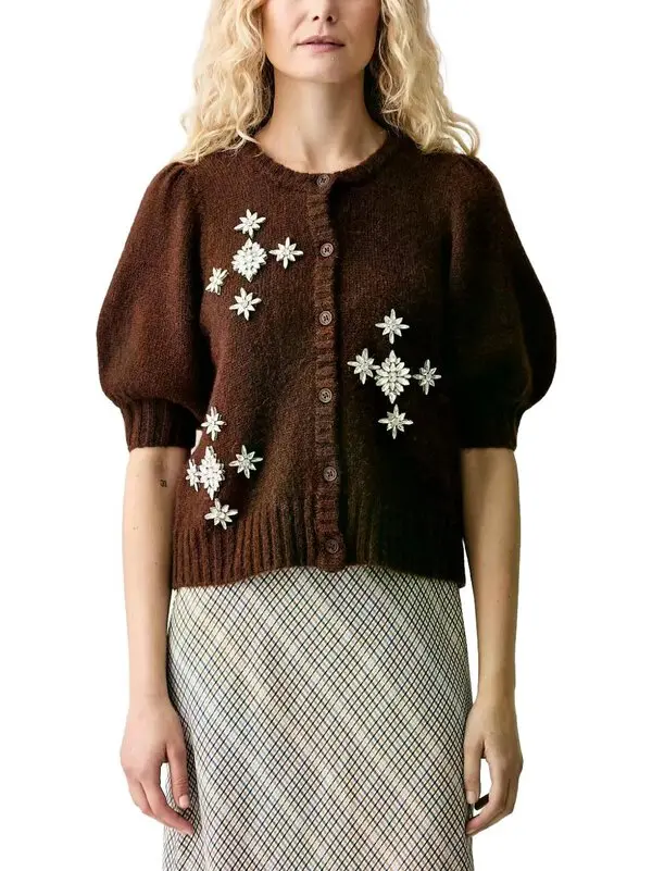 Munthe Crystal-embellished Puff Sleeve Cardigan - Brown
