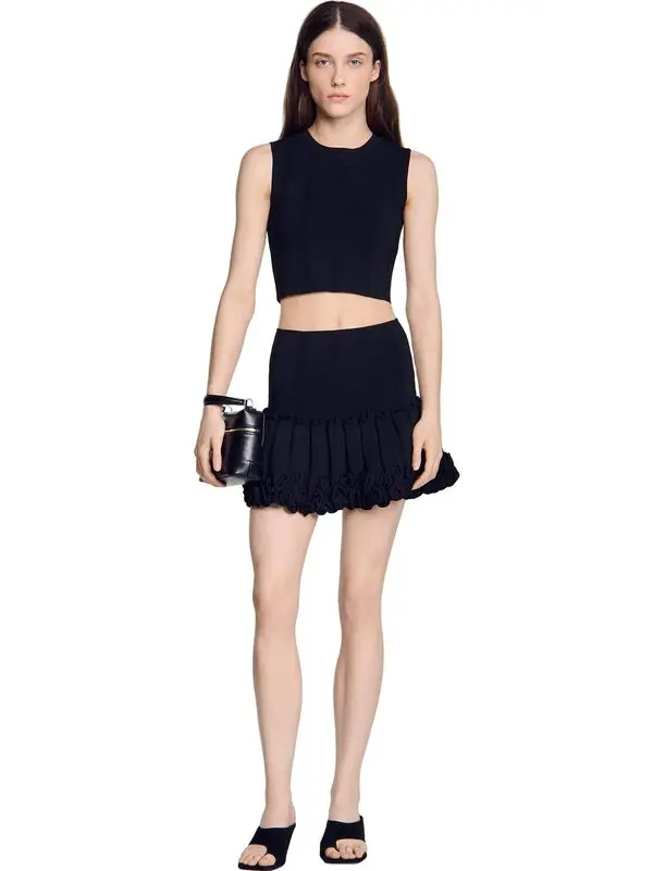 Sandro Cropped Ribbed Knit Top - Black