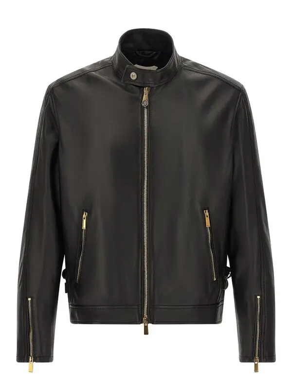 Versace Leather Biker Jacket With Medusa Hardware - Black