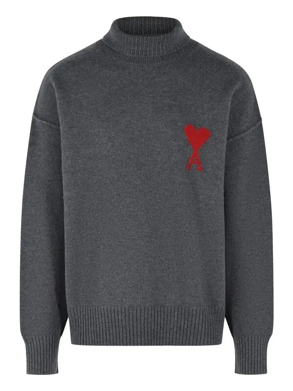 AMI Paris Virgin Wool Turtleneck Sweater With Contrast Logo - Gray