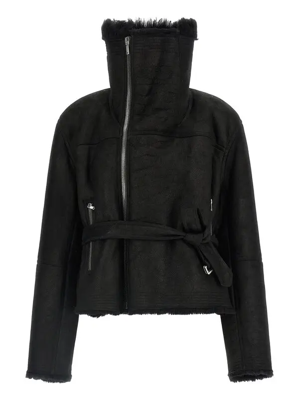 Rick Owens Cropped Shearling Flight Jacket With Funnel Neck - Black