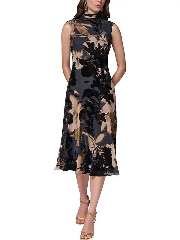 Donna Karan New York Printed Velvet Burnout Mock Neck Midi Dress - Espresso Multi