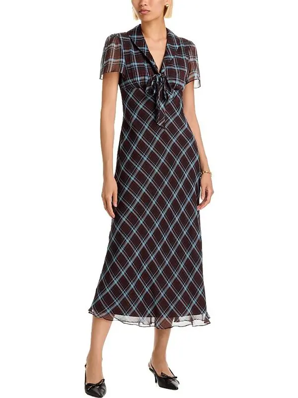 Aqua Plaid Tie Neck Midi Dress - Brown/blue