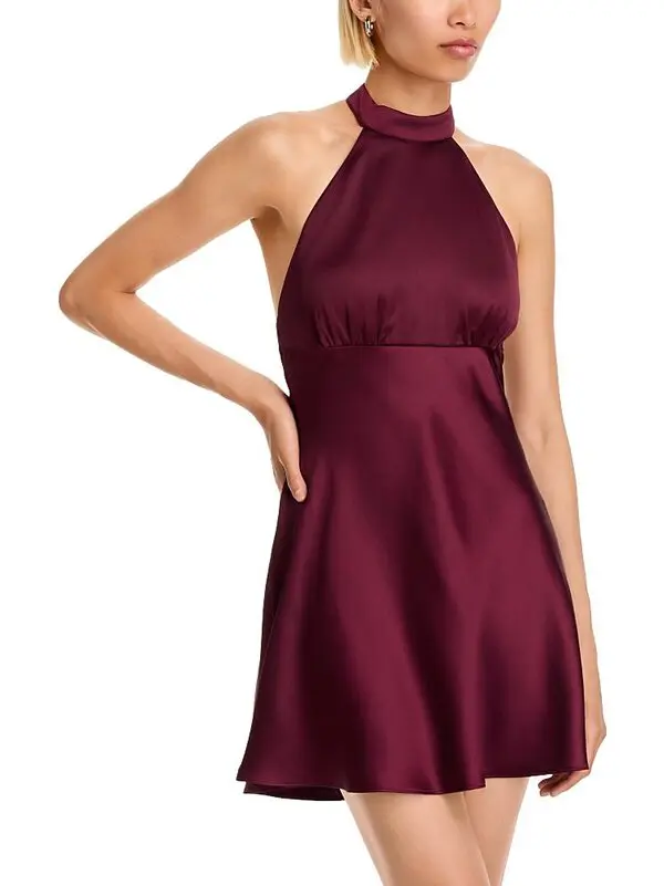 Aqua Halterneck Satin Mini Dress - Wine