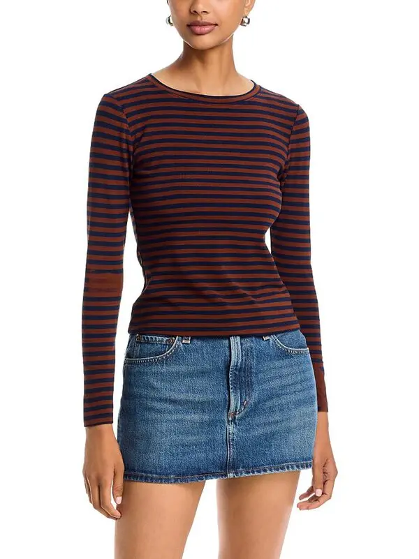 Aqua Stripe Ruched Long Sleeve Top - Brown/navy