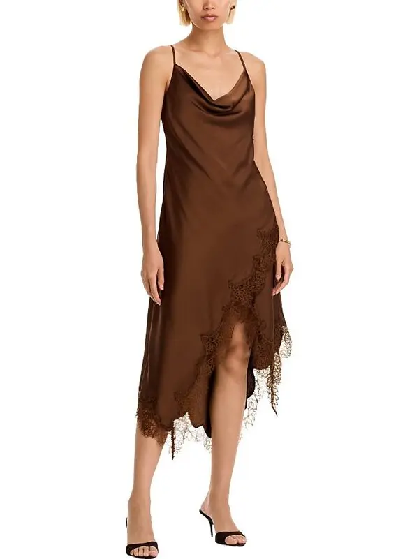 Aqua Lace Trim Satin Midi Dress - Brown