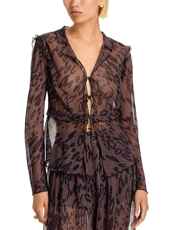 Aqua Animal Print Ruffle Tie Long Sleeve Top - Brwn/black