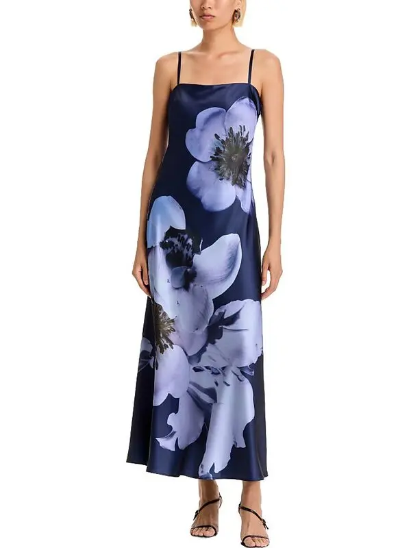 Aqua Oversized Floral Stretch Satin Midi Dress - Navy Multi