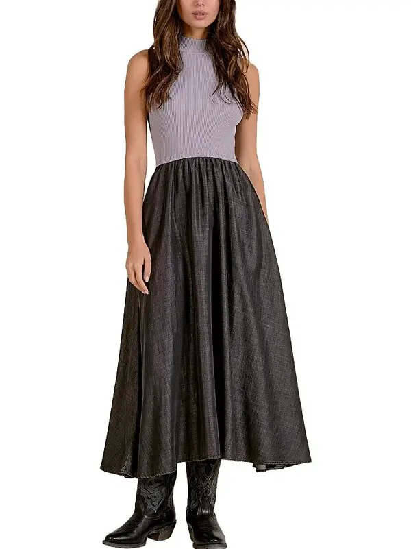 Elan Mixed Media Mock Neck Sleeveless Dress - Black/ Grey