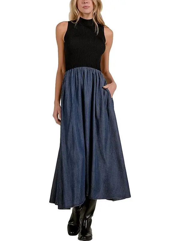 Elan Mixed Media Mock Neck Sleeveless Dress - Navy/ Black