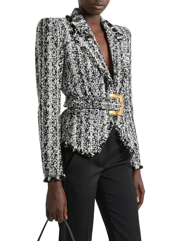 Balmain Two-tone Tweed Belted Jacket - Black