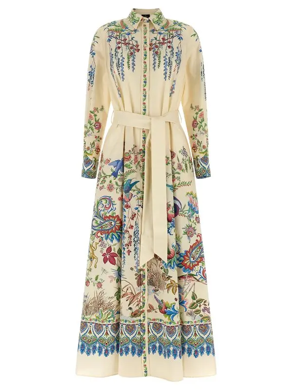 Etro Long Cotton Poplin Printed Shirt Dress With Belt - Multicolor