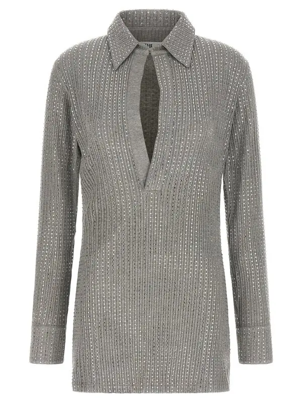 Attico Rhinestone Embellished Ribbed Mini Dress - Gray