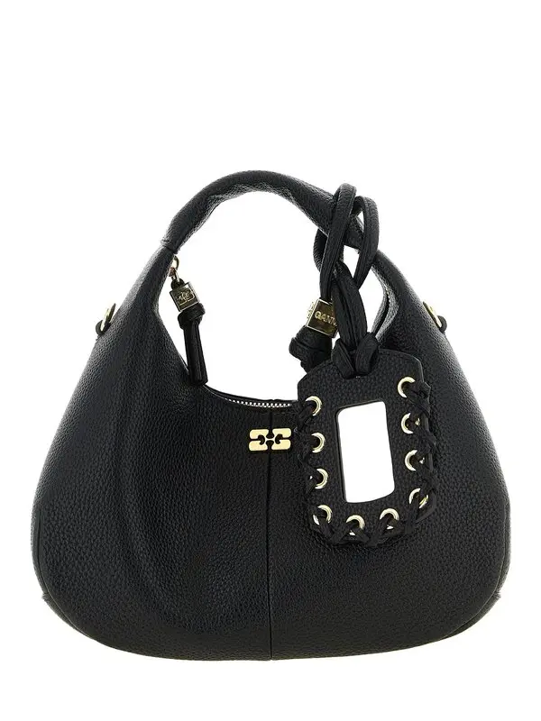 GANNI Mini Hobo Handbag In Textured Faux Leather With Butterfly Logo - Black