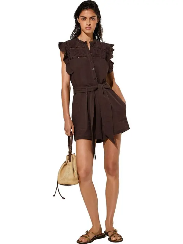 REISS Mylie Cotton Cheesecloth Ruffle-detail Playsuit - Chocolate
