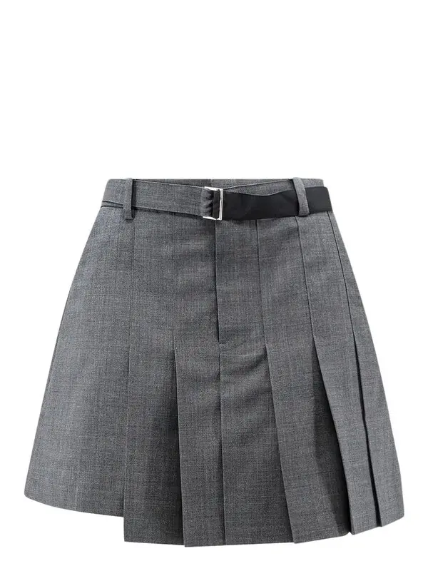 Sacai Pleated Wool Belted Skirt - Grey