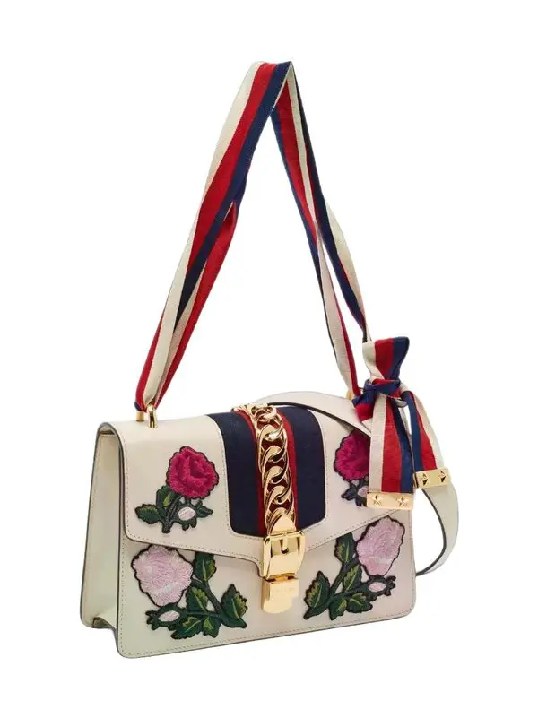 Gucci Sylvie Floral Embroidered Shoulder Bag - Neutrals