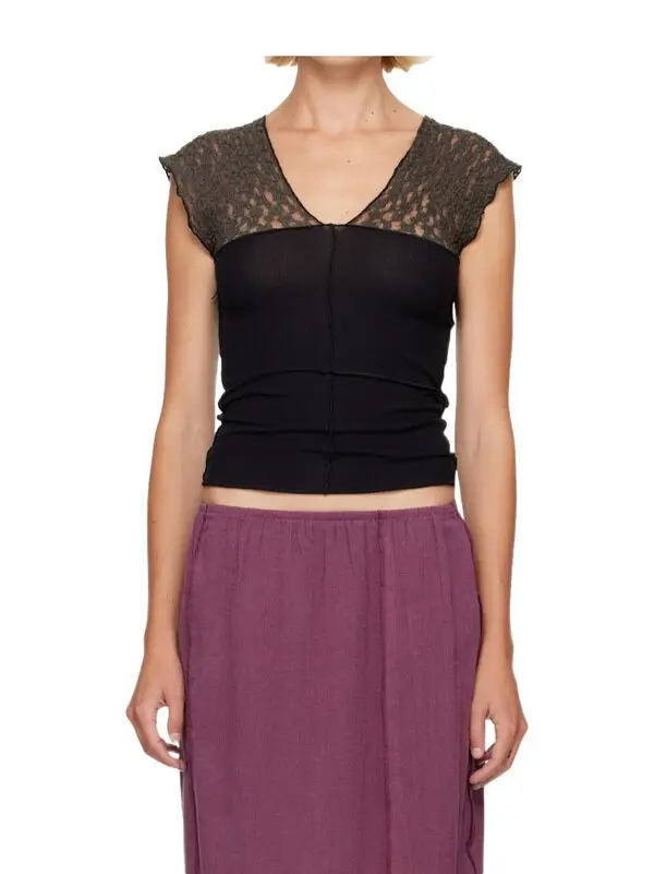 BASERANGE Sleeveless V-neck Top With Lace And Ruffle Details - Black