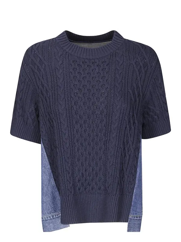 Sacai Cable Knit Panel Short Sleeve Top - Navy Blue