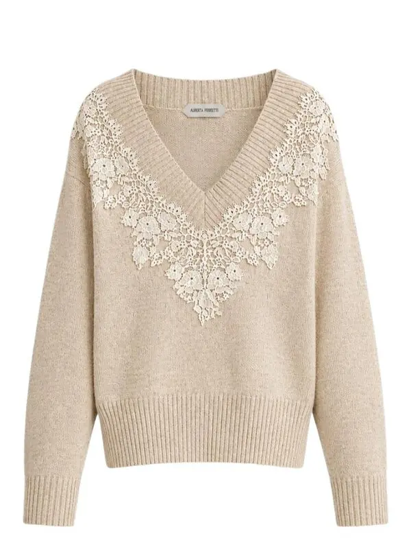Alberta Ferretti Cashmere V-neck Sweater With Lace Inset - White