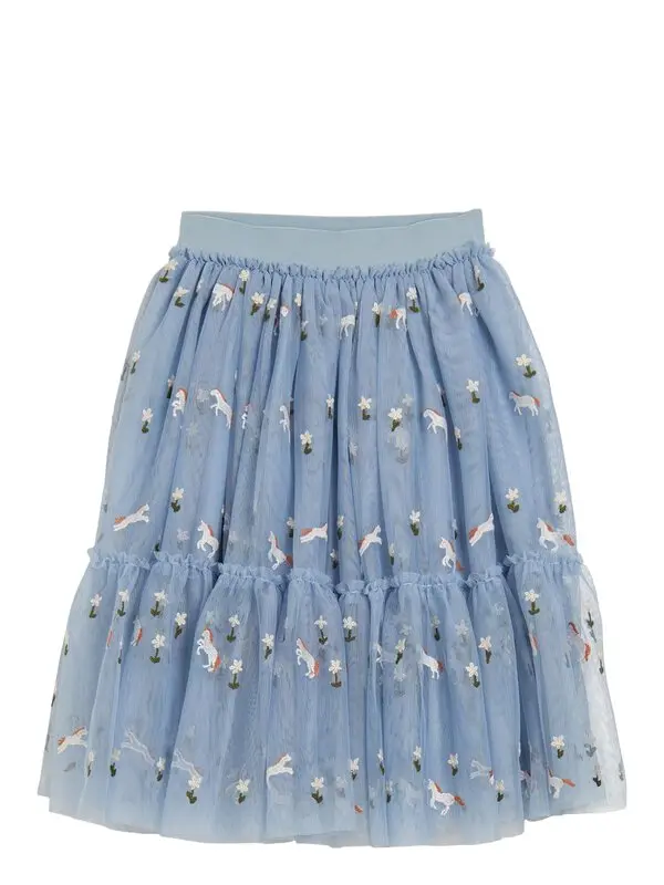 Stella McCartney Embroidered Horse And Flower Tulle Midi Skirt - Blue