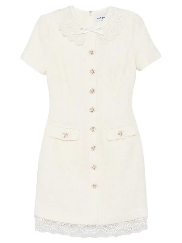 SELF-PORTRAIT Bouclé Lace-trim Tailored Mini Dress - Cream