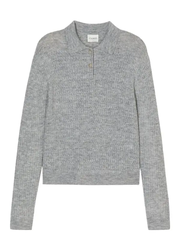 Closed Ribbed-knit Long-sleeve Polo Shirt - Grey