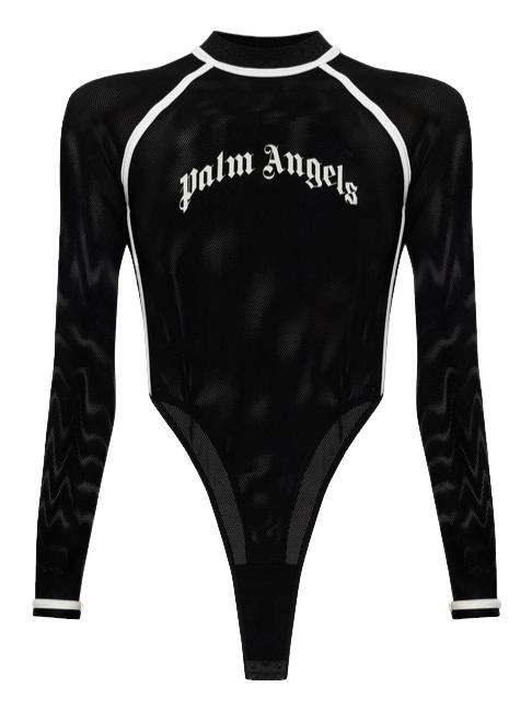 Palm Angels Long Sleeve Mock Neck Bodysuit With Logo Detail - Black
