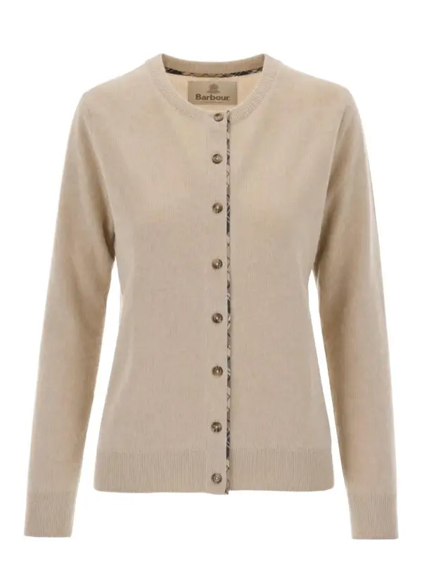Barbour Long-sleeved Knitted Cardigan With Plaid Elbow Patches - Beige