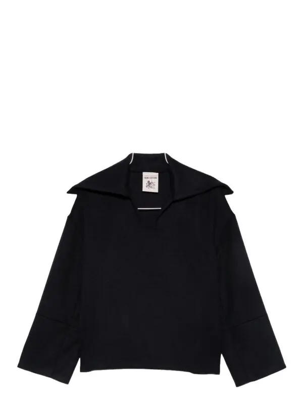 SEMICOUTURE Collared Knit Top With V-neck And Long Sleeves - Black