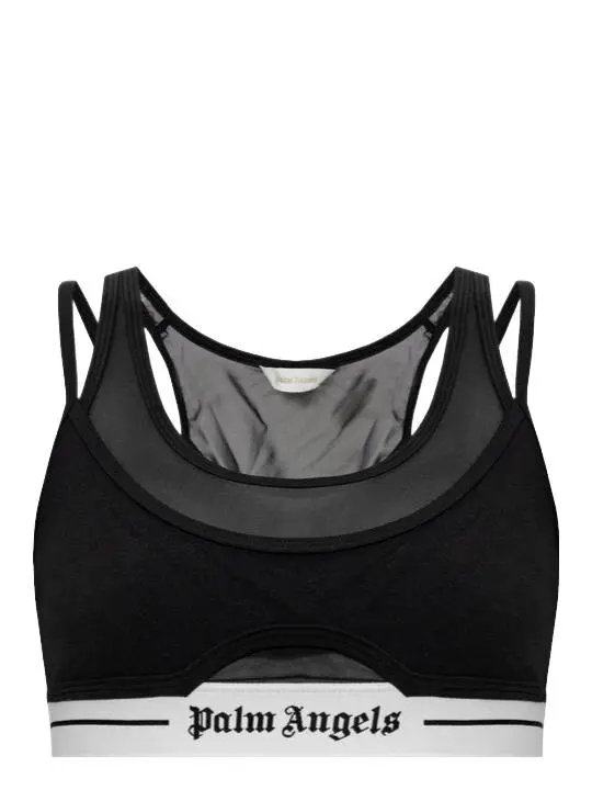 Palm Angels Sleeveless Cropped Tank Top With Logo Hem - Black