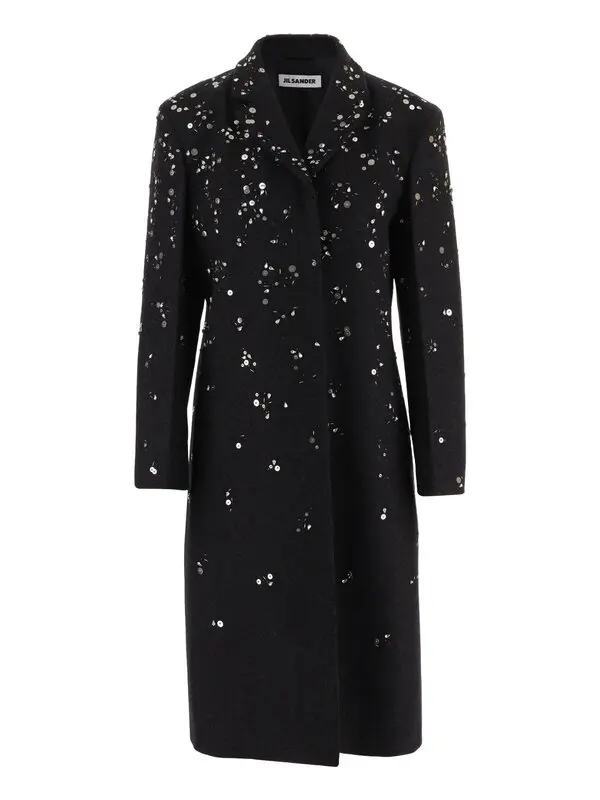 JIL SANDER Embellished Lapel Collar Long Coat - Black
