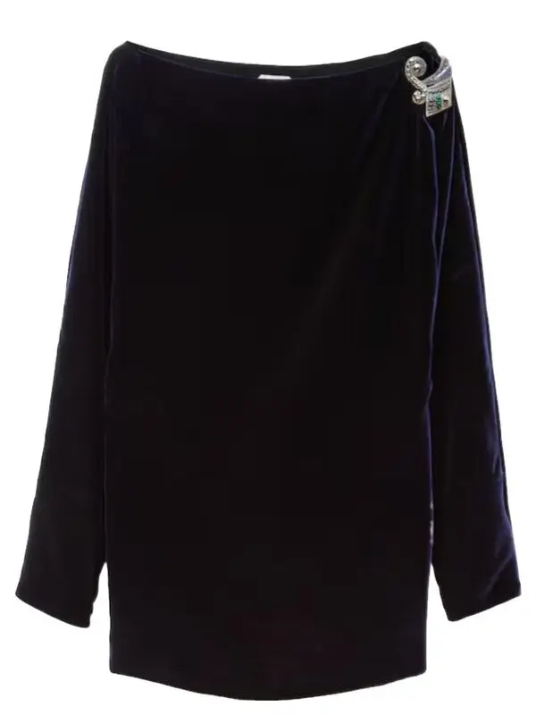 Versace Velvet Mini Dress With Baroque Embellishment - Navy
