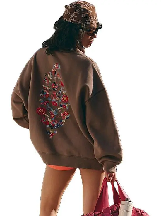 Free People Floral Logo Mock Neck Pullover Sweatshirt - Hickory