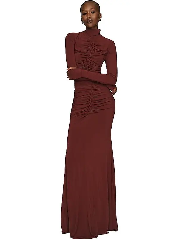 Misha Collection Ruched Mock Neck Maxi Dress - Currant