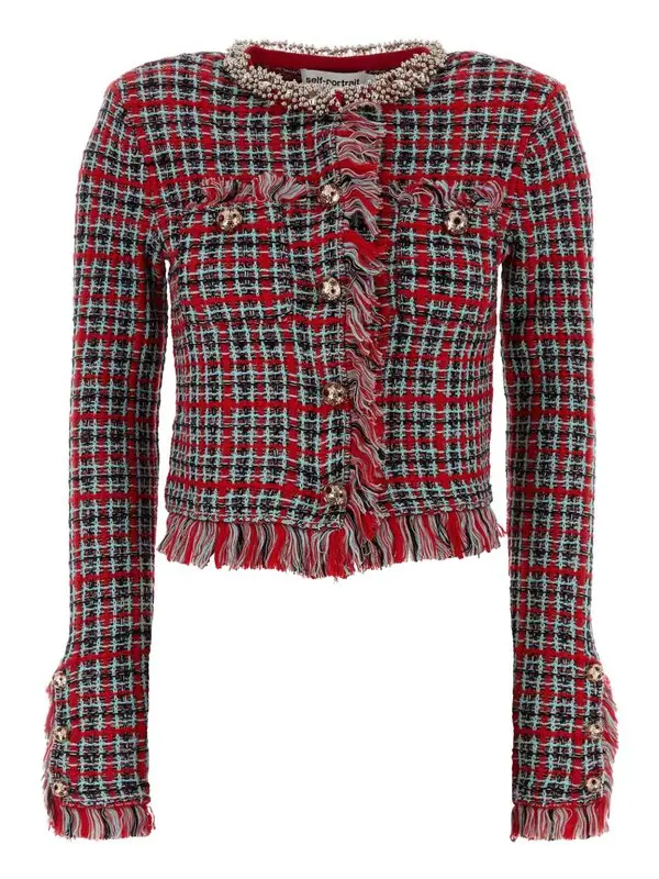 SELF-PORTRAIT Red Check Frayed Knit Jacket - Multicolor