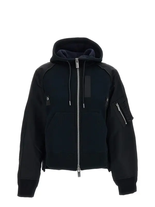 Sacai Hoodie In Sponge Sweat And Nylon Twill - Nero