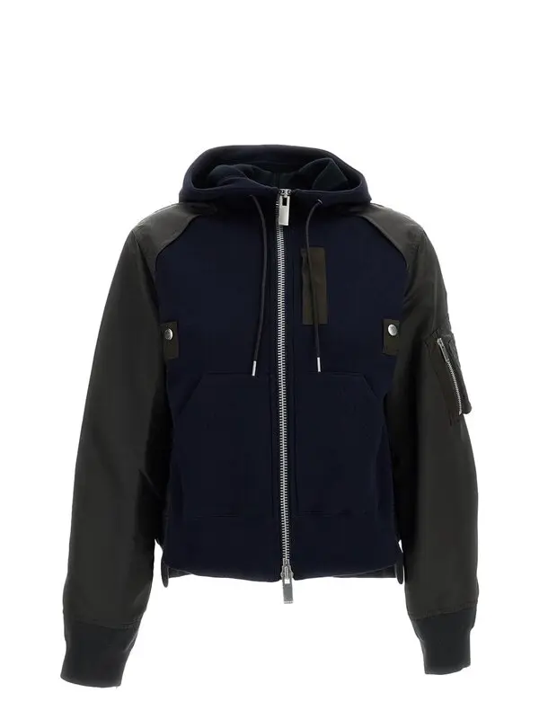 Sacai Hoodie In Sponge Sweat And Nylon Twill - Blue