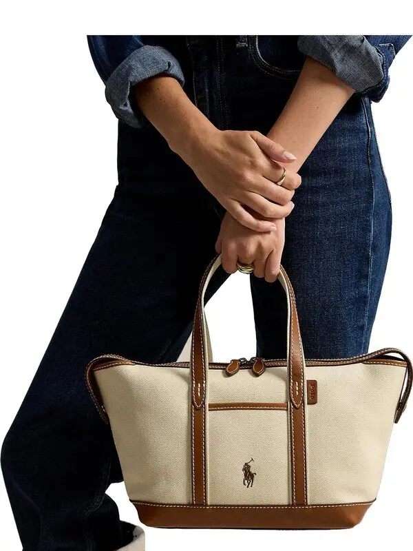 Ralph Lauren Cotton Canvas Mini Shopper Tote With Leather Trim - Ecru/cuoio