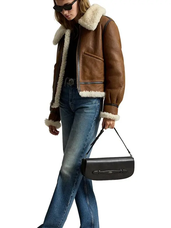 Ralph Lauren Bellport Leather Clutch With Top Handle And Adjustable Shoulder Strap - Stone/black