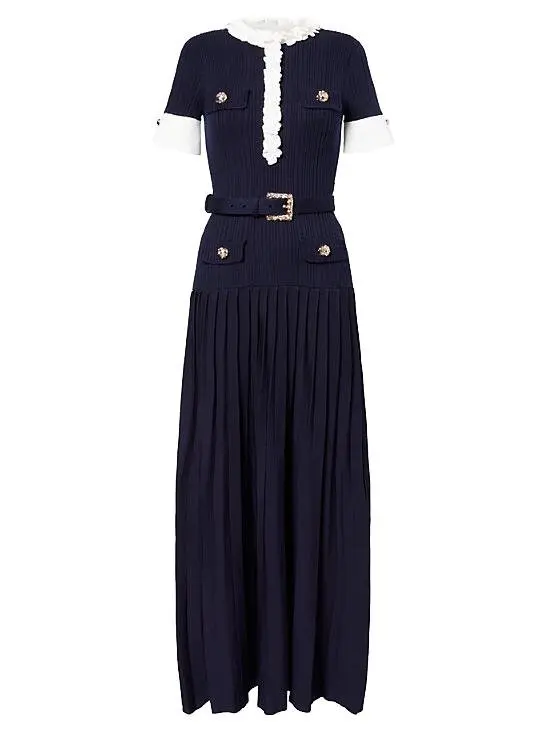 SELF-PORTRAIT Floral-trim Ribbed-knit Midi Dress - Navy