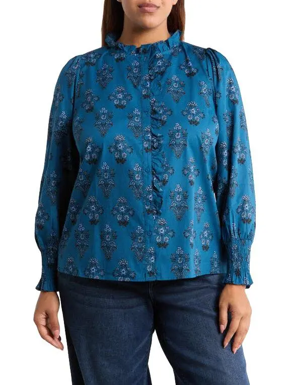 SUGARLIPS Minny Floral Frill Cotton Button-up Shirt - Navy-combo