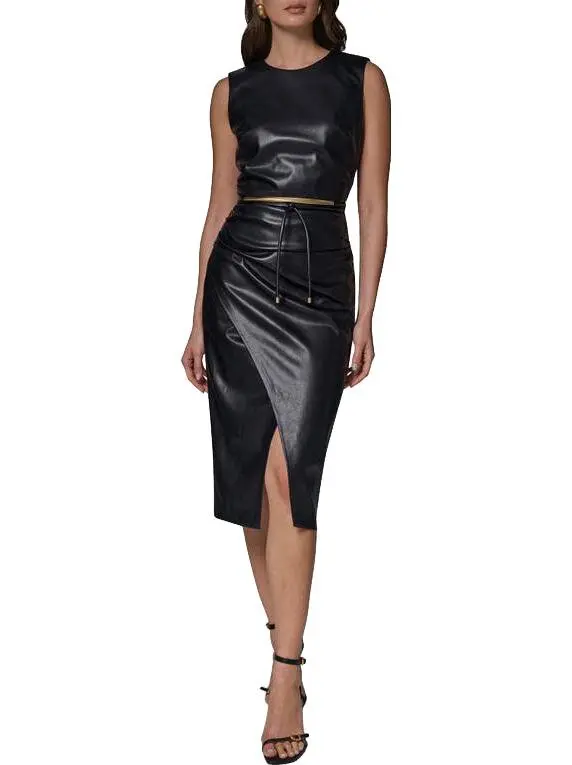 Donna Karan New York Sleeveless Faux Leather Midi Dress With Belt - Black