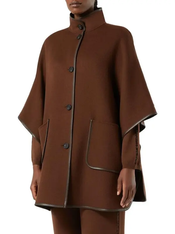 Marina Rinaldi Virgin Wool Cape With Contrast Piping - Biscuit